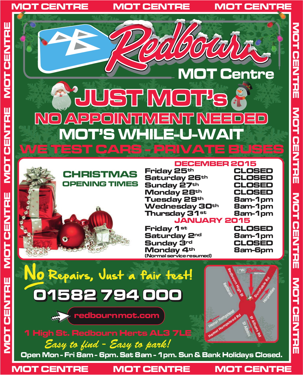 Redbourn MOT Centre | Christmas and New Year Opening Hours