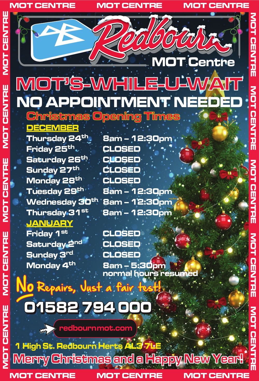 Christmas 2020 and New Year 2021 Opening Times