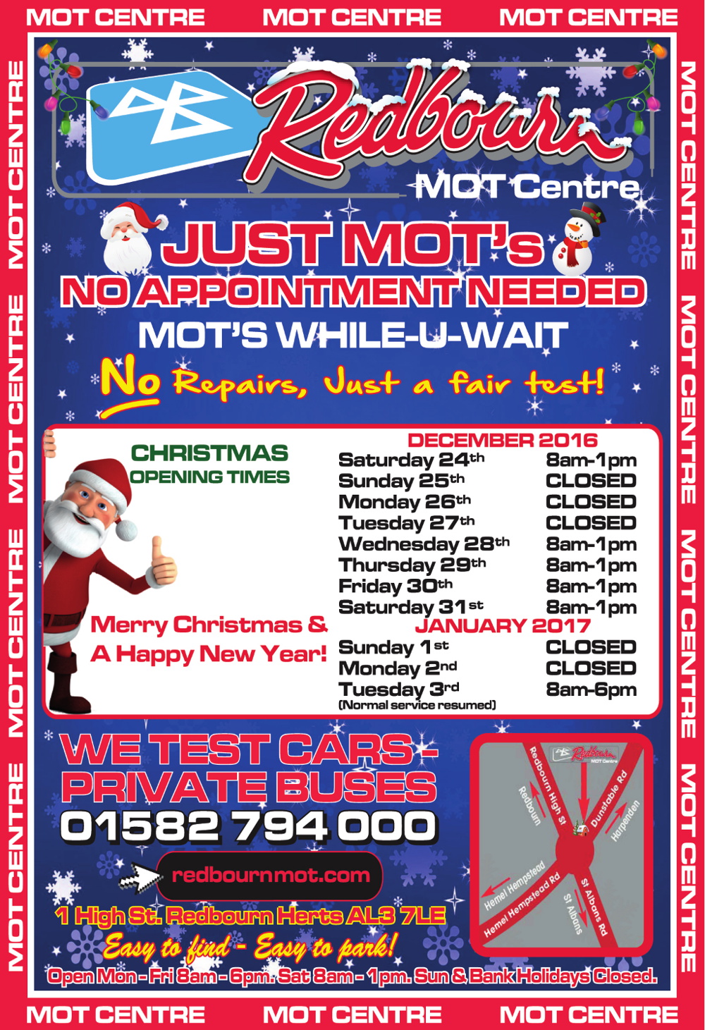 Christmas and New Year Opening Hours 2016 | Redbourn MOT Centre
